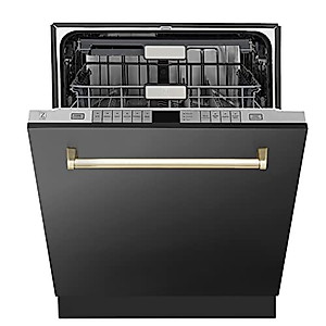 ZLINE Autograph Edition 24" 3rd Rack Top Touch Control Tall Tub Dishwasher in Black Stainless Steel with Gold Handle, 45dBa (DWMTZ-BS-24-G)