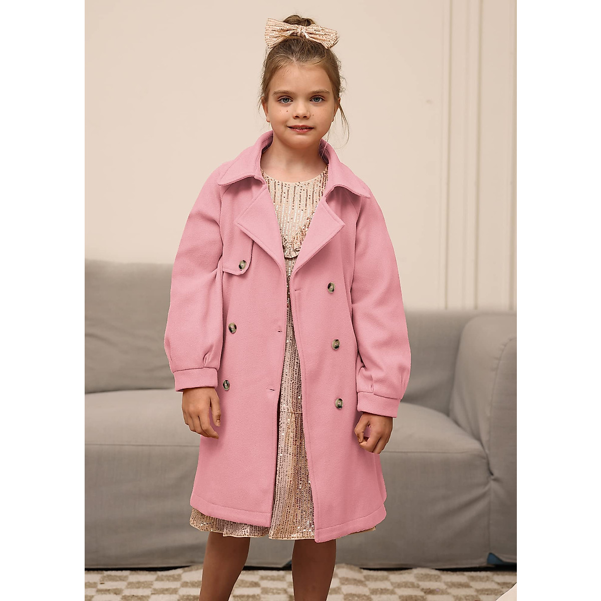 GRACE KARIN Girls Wool Blend Pea Coat Lapel Dress Coat Jackets with Pockets Belt Pink 12Y