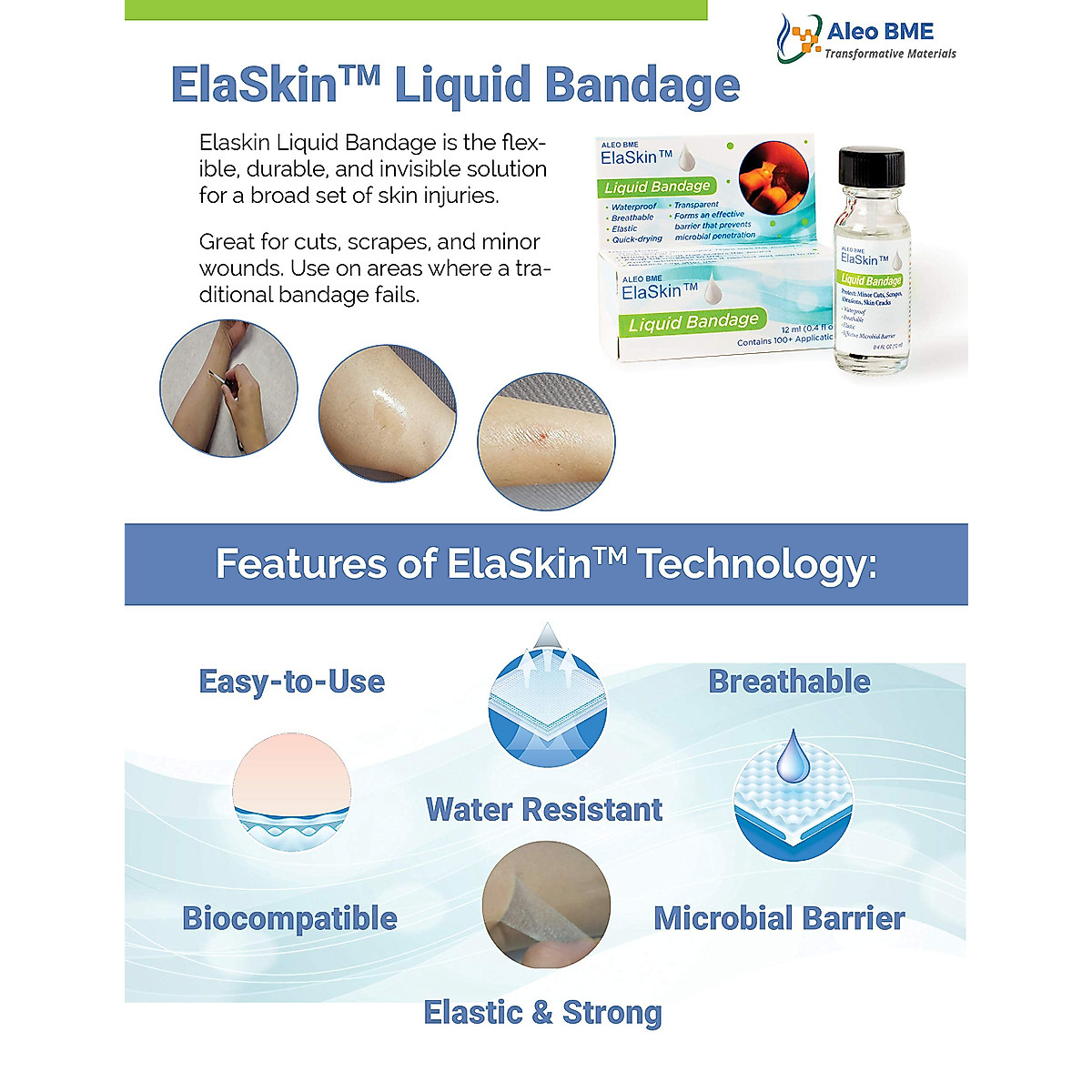 ElaSkin Liquid Bandage - Waterproof, Stretchable, Protective Against Dirt & Germs