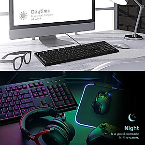 POWZAN Light Up Quiet Gaming Keyboard - Membrane Silent Wired Keyboard with Low Profile Lighted Key for Computer, Windows PC Gamer - Full Size, Black