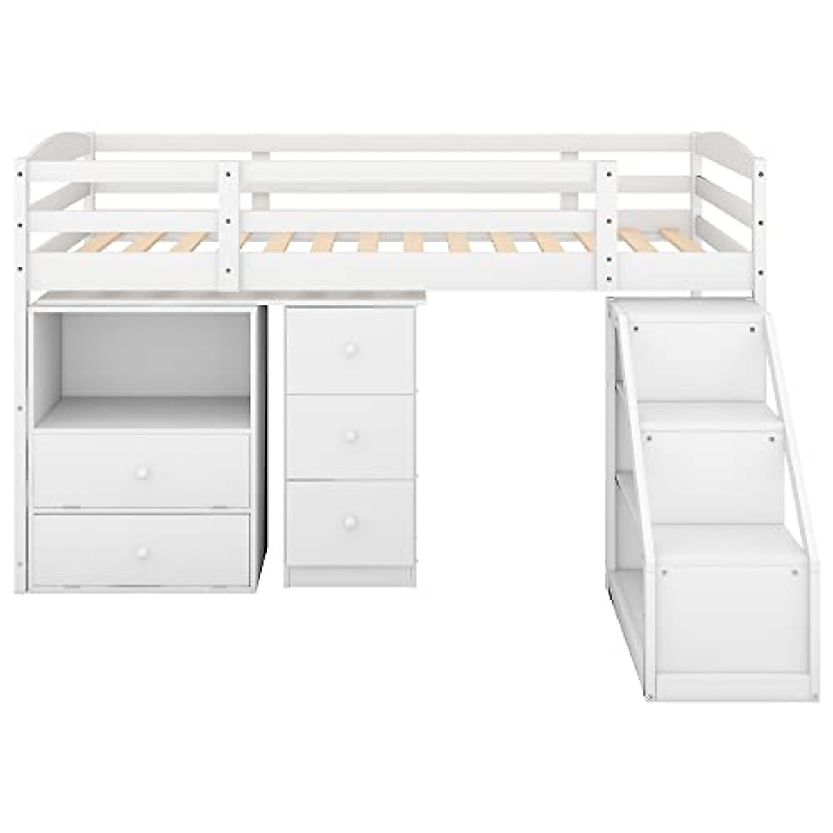 HYC Twin Loft Bed with Multifunctional Movable Built-in Desk, Wood Low Loft Bed with Stairs, for Kids Teens Girls Boys,White