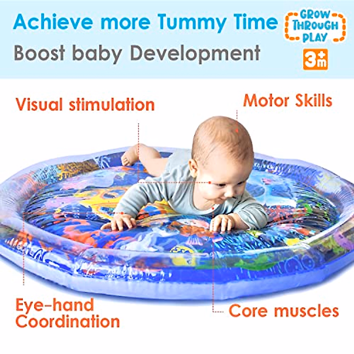 TT TUMMYTIMEZ Premium Tummy Time Water Mat, XL Inflatable Activity Center Promoting Baby Motor and Sensory Development, Grow Through Play Sensory Stimulation Gift for Infants Toddlers Boys Girls