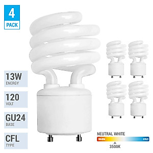 KOR Pack of 4 – 13 Watt Mini Spiral – GU24 Twist and Lock Base. Self-Ballasted CFL, 2pin Fluorescent Bulb, Neutral White 3500K (60 Watt Equivalent)