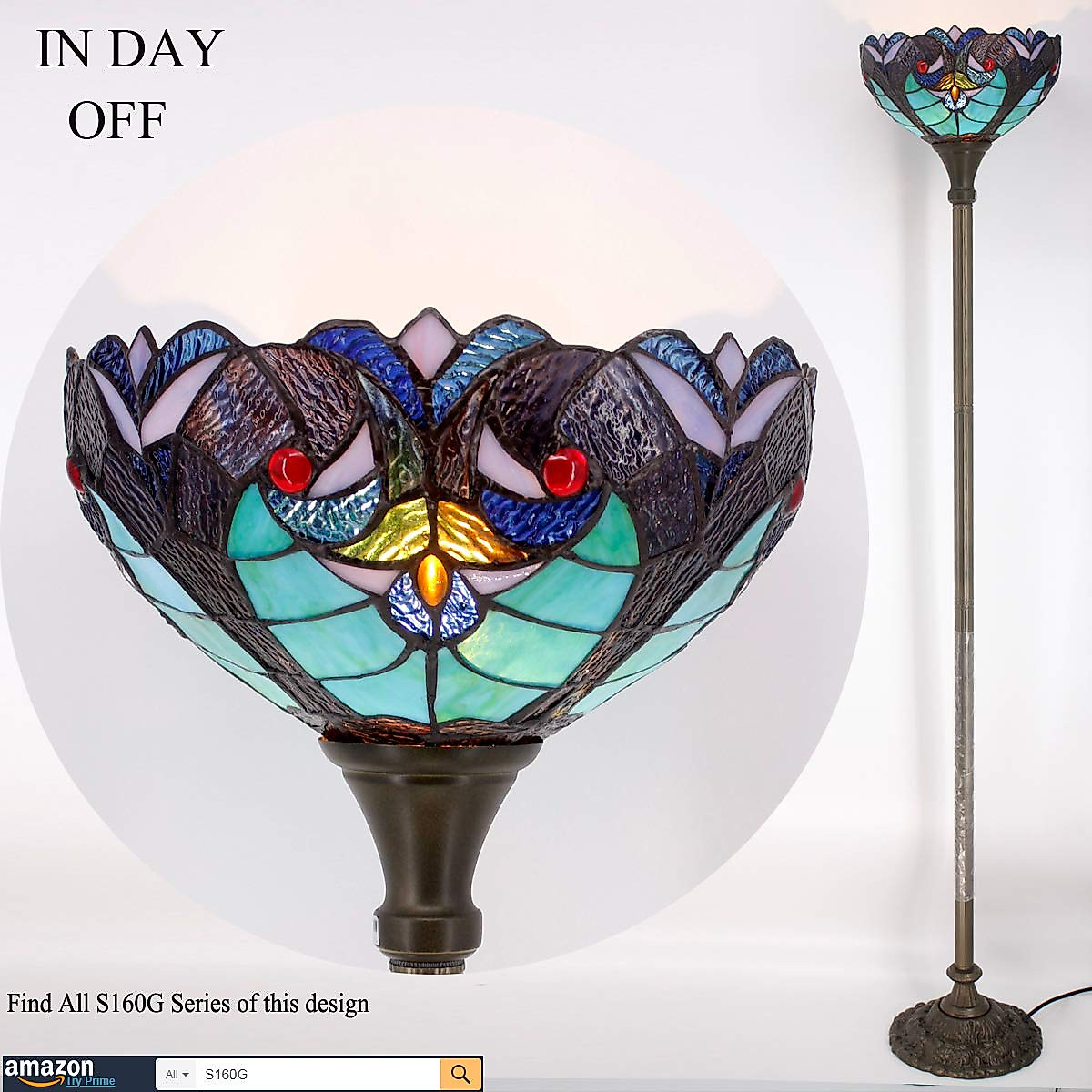 WERFACTORY Tiffany Floor Lamp Green Liaison Stained Glass Light 12X12X66 Inches Pole Torchiere Standing Corner Torch Uplight Decor Bedroom Living Room Home Office S160G Series