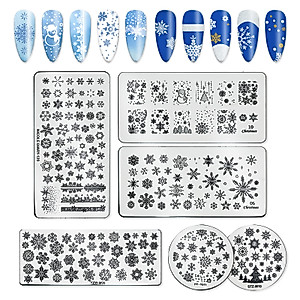 Whaline 6Pcs Snowflake Nail Art Plates Circular Rectangular Winter Stamping Plates Christmas Stamp Templates Stamping Kit for DIY Print Manicure Salon Design Xmas Gift