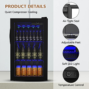 ORALNER Beverage Refrigerator Cooler, 120-Can Beverage Center w/Glass Door & Adjustable Shelf, Blue LED Light, 3.2 Cu.Ft Drink Wine Cooler for Beer Pop Soda, Mini Fridge for Basement, Garage, Dorm
