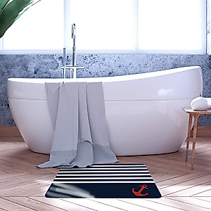 Nautical Anchor Indoor Door Mat, Absorbent Floor Mats Bathroom Rugs, Summer Ocean Coastal Blue White Striped Kitchen Runner Rugs, Non Slip Doormat for Bedroom/Sink/Laundry, 16"x24"