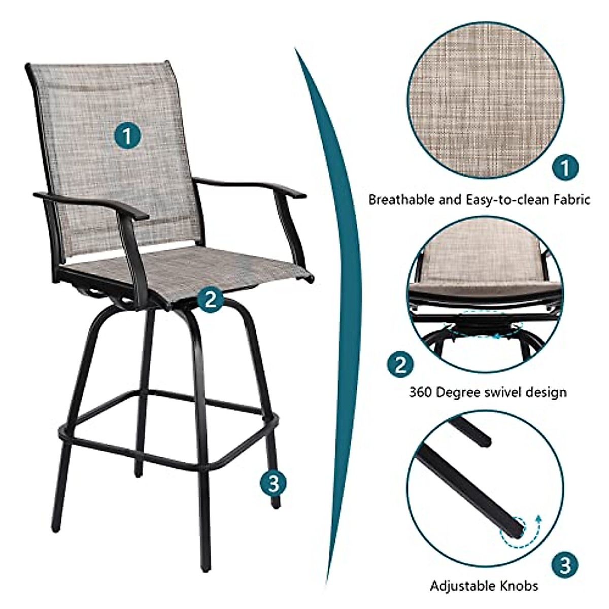 Vipush 2 Piece Swivel Bar Stools Outdoor High Patio Chairs Furniture with All Weather Metal Frame