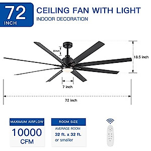 IQCSXLQ 72 Inch Black Large Ceiling Fan with Light and Remote, Outdoor Modern Ceiling Fan with Led Lights, Industrail Ceiling Fan with 8 Blade for Indoor Living Room Patios Office, DC Silent Motor…