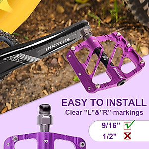BUCKLOS MTB Flat Pedals Mountain Bike Pedals, 3 Bearings CNC Adult Road Bike Pedals, Bicycle Platform Aluminum Alloy Non-Slip Pedal for Gravel Bike/BMX 9/16"(Purple)