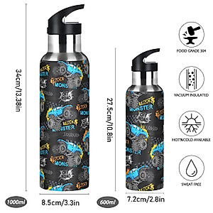 Wusikd Monster Truck Water Bottle with Straw Lid Double Wall Car Thermos Bottle Vacuum Insulated Flask Stainless Steel Water Bottle for Gym Outdoor 20 OZ