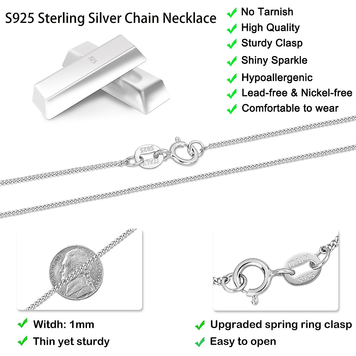 Bovickep 925 Sterling Silver Chain For Women, 18K Yellow/Rose/White Gold Plated 1mm Dainty Thin Necklaces, Fashion Chain Necklace for Every Day use. 16/18/20/22/24 inches