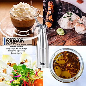 ICO 1 Liter (1 Quart) Professional Stainless Steel Whipped Cream Dispenser for Homemade Whipping Cream, Whipped Cream Maker for Desserts, Dips, Sauces, and Infused Liquors