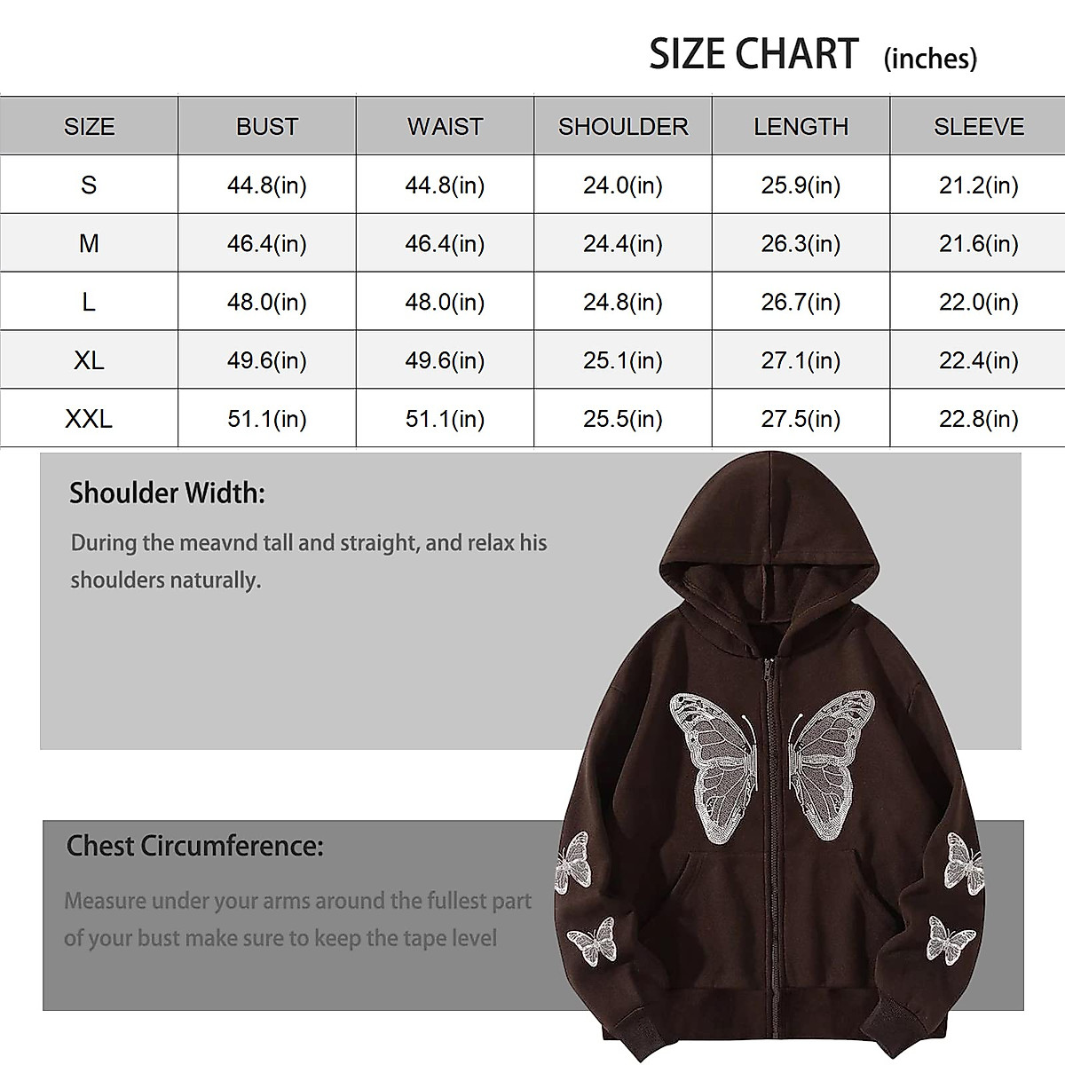 Ethbox Harajuku Women's Zipper Connecting Gothic Butterfly Printing Hatshirt Y2K zipper retro -graphic hoodie (Coffee,Large,Large)