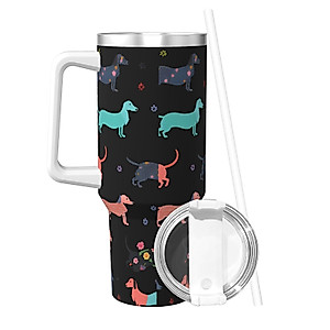 deaokluy 40 OZ Dachshund Puppy Dog Ice Bully Cup with Handle Straw, Double Wall Stainless Steel Tumbler Travel Coffee Cup with Lid, Cartoon Insulation and Cooling Cup for Christmas Birthday Present
