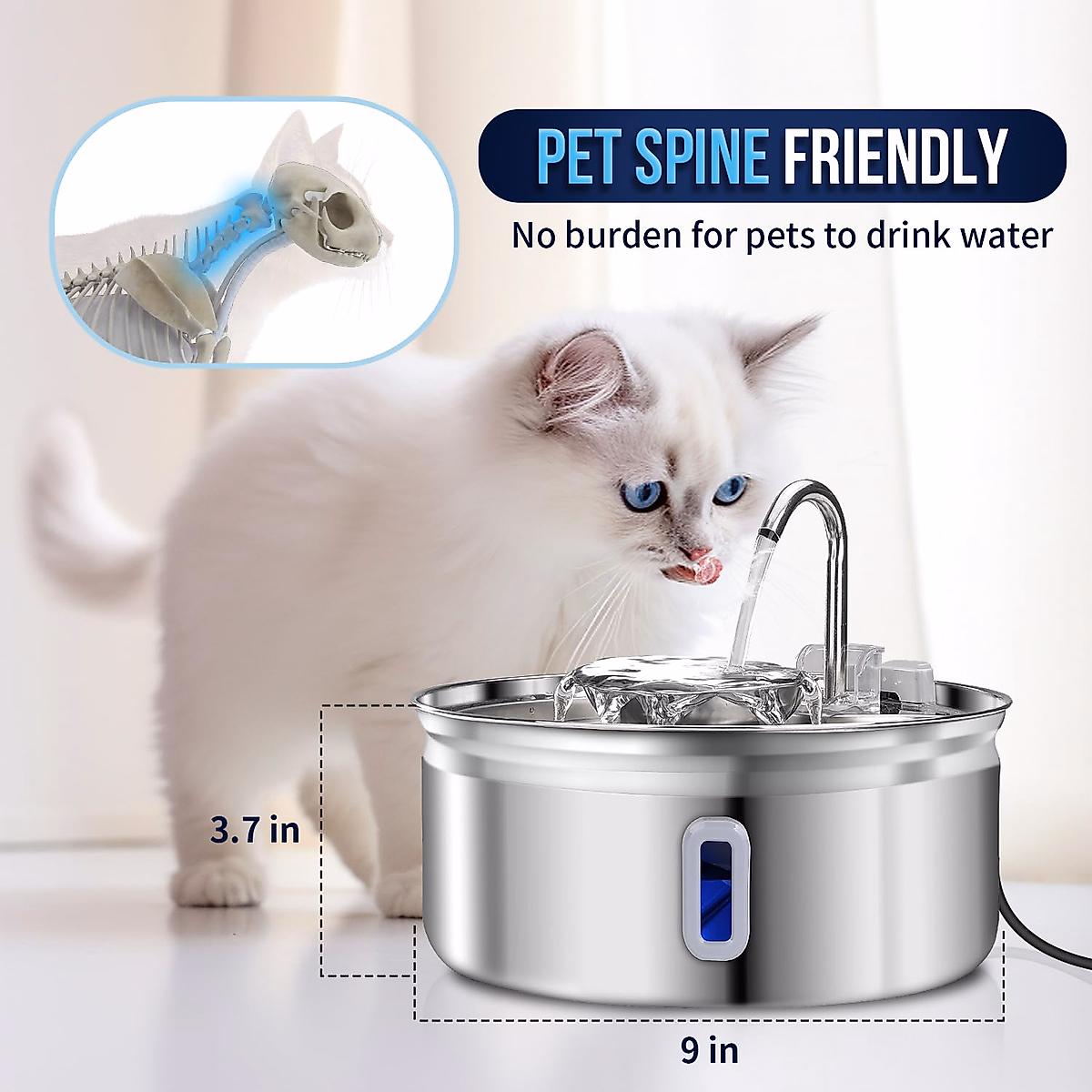 SlowTon Cat Water Fountain Stainless Steel - 3.2L/108oz Large Quite Pet Fountain, Automatic Cat Fountain Dog Water Dispenser with Water Level Window and Replacement Filters, Suitable for Cats, Dogs
