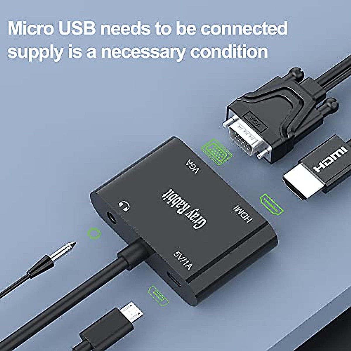 Gray Rabbit HDMI to VGA HDMI,1080P HDMI to VGA HDMI Adapter(Male to Female) with Audio Support. for Computer, Desktop, PC, Monitor, Projector, HDTV, Chromebook, Xbox and More,Need Supply Required