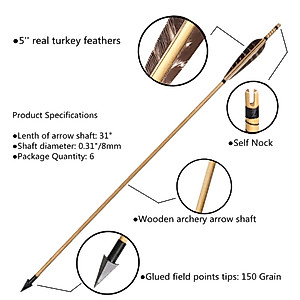 Huntingdoor Archery 31" Turkey Feather Fletching Wooden Arrows with Field Points for Hunting Shooting targeting Practice for Recurve Bow Longbow 6pcs