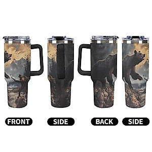 Bear Hunting Insulated Tumblers with Handle Stainless Steel Coffee Mug Funny Travel Cup with Lid Straw 40oz
