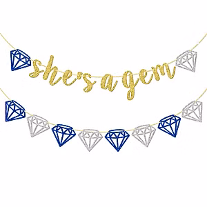 She's a Gem Banner - Diamond Themed Bridal Shower, Bachelorette Party Decorations, 4.3ft Wide, Handmade, Pre-Strung - Gemstone Party Decor in Gold, Silver, and Blue