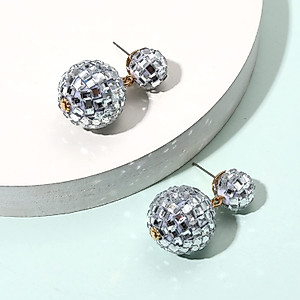 Disco Ball Earrings for Women Sparkly Mirror Ball Dangle Earrings Dance Party Country Music Concert Outfits 60s 70s Outfits Costume Accessories Halloween Jewelry Gifts (A-Silver)