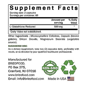 Brieofood Glutathione (Reduced) 500mg per Serving - 120 Capsules - Immune Support Supplement - Collagen & Antioxidant Support