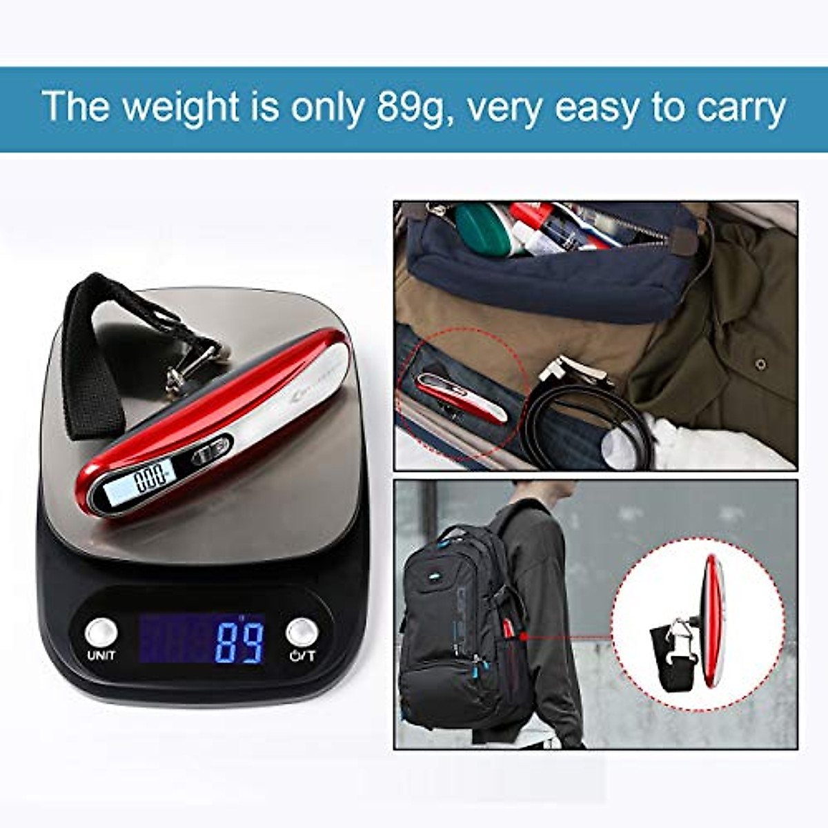 MYCARBON Luggage Scale Digital Hanging Baggage Scale, Portable Travel Weight Scale, Suitcase Weighing Scale with Backlit LCD Display, 110 Lb Capacity, Battery Included Red