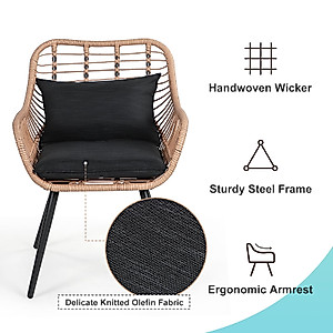 Verano Garden 3 Piece Patio Bistro Set, Outdoor Wicker Conversation Chair Sets Balcony Furniture,Coffee Table with Glass Top, Cushions & Lumbar Pillows for Porch, Backyard, Deck, Poolside