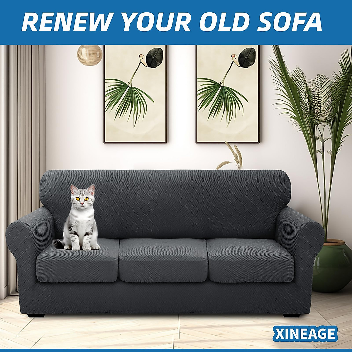 XINEAGE 2024 Newest 4 Pieces Couch Covers for 3 Cushion Couch Super Stretch Thick Soft Sofa Cover Anti Slip Sofa Slipcover Dogs Cats Furniture Protector (Dark Gray, 71"-91")