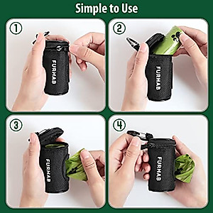 FURHAB Dog Poop Bag Holder Doggie Waste Bag Dispenser for Leash 1680D Nylon Oxford Small Zipper Pouch with Carabiner Clip for Belt Bone-Shaped Opening Portable Set with 1 Roll of Pet Trash Bags, Black