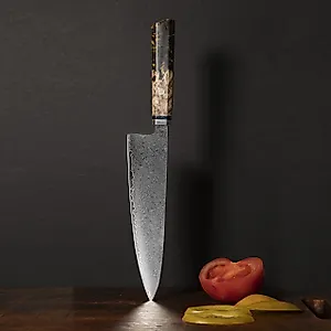 8 Inch Kiritsuke Knife Unique stablized wood Resin handle Damascus Vg10 67 Layers Japanese Stable Wood Chef Knives with Sheath (8.5”gyuto knife)
