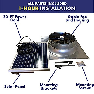 Remington Solar 20-Watt Gable Solar Attic Fan with Thermostat/Humidistat (20 x 20 x 6 IN) - Brushless Motor – Solar Vent Fan - Hail and Weather Resistant – Solar Powered Attic Fan for Homes