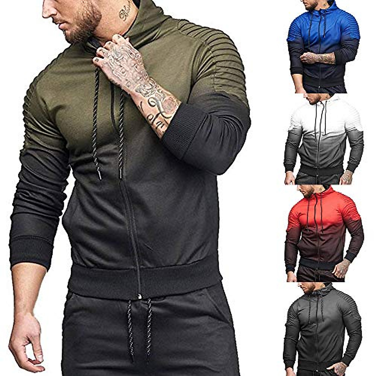 Men's Pullover Winter Workout Thenlian Mens' Autumn Winter Long Sleeve Splicing Fold Hooded Top Blouse Outwear(Army Greem, XL)