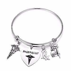 bobauna Stainless Steel Pharmacist Expandable Wire Bangle Bracelet with Medical Caduceus RX Symbol Pharmacy Charms Pharmacist Graduation Gift (pharmacist bracelet)
