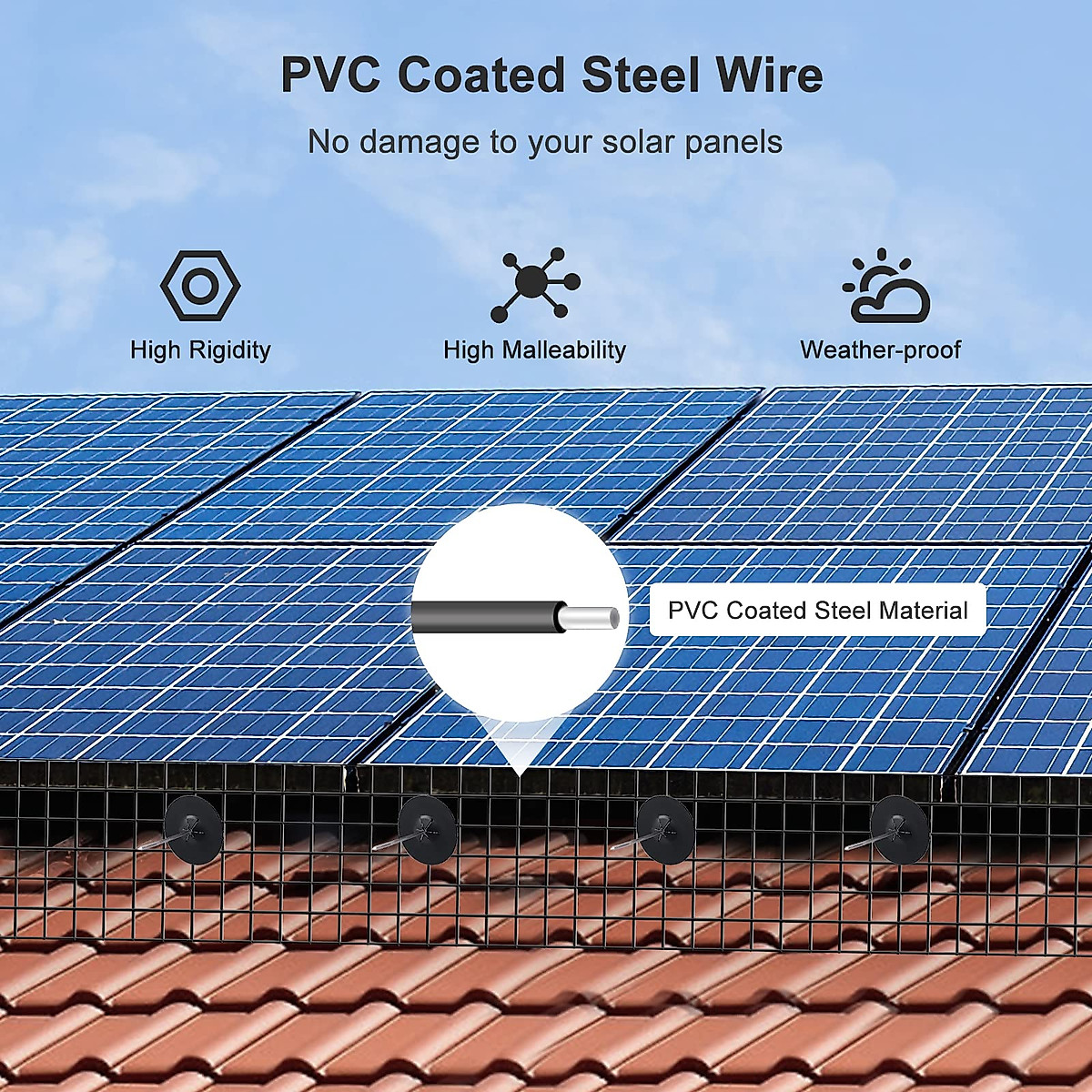 ZeroPone 8inch x 100ft Solar Panel Bird Guard,Critter Guard for Solar Panels w/ 100pcs Stainless Steel Fasteners,Removable PVC Coated Guard Wire for Squirrel,Bird,Critters Proofing