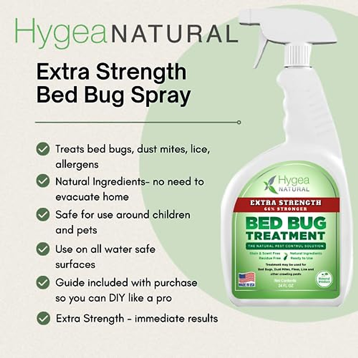 Hygea Natural Extra Strength Bed Bug, Lice and Mite Spray Treatment kit - Natural Non Toxic, Safe & Odorless. Includes: 24 Oz bed bug spray and 32 Oz bed bug laundry additive