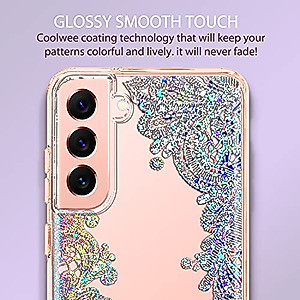 Coolwee Anti Yellowing Clear Glitter for Samsung Galaxy S22 Plus, 6.6 inch, Thin Flower Slim Cute Crystal Lace Bling Women Girls Floral Plastic Hard Back Soft TPU Bumper Protective Cover Mandala Henna