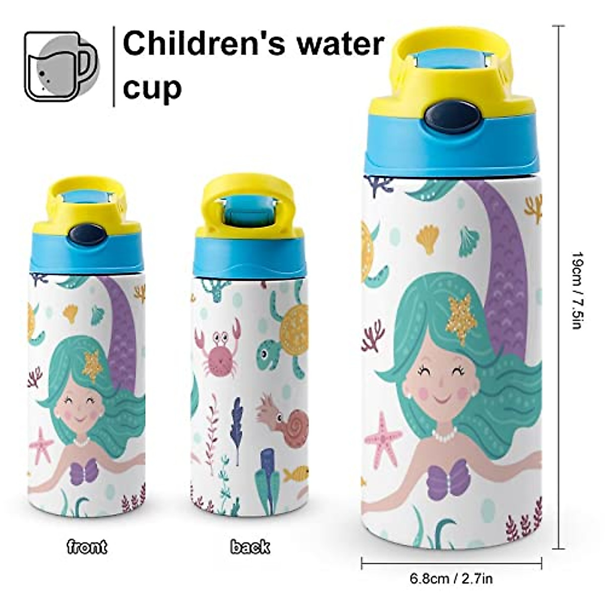 Water Bottle With Straw Mermaid Insulated Stainless Steel Vacuum Cup 500Ml For School 7.5x2.7 in