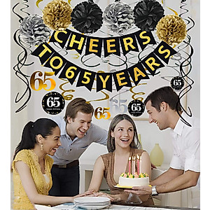 Famoby 65th Birthday Party Decorations Set- Gold Glittery Cheers to 65 Years Banner,Poms,12Pcs Sparkling 65 Hanging Swirls for 65th Birthday Decorations 65 Years Old Party Supplies