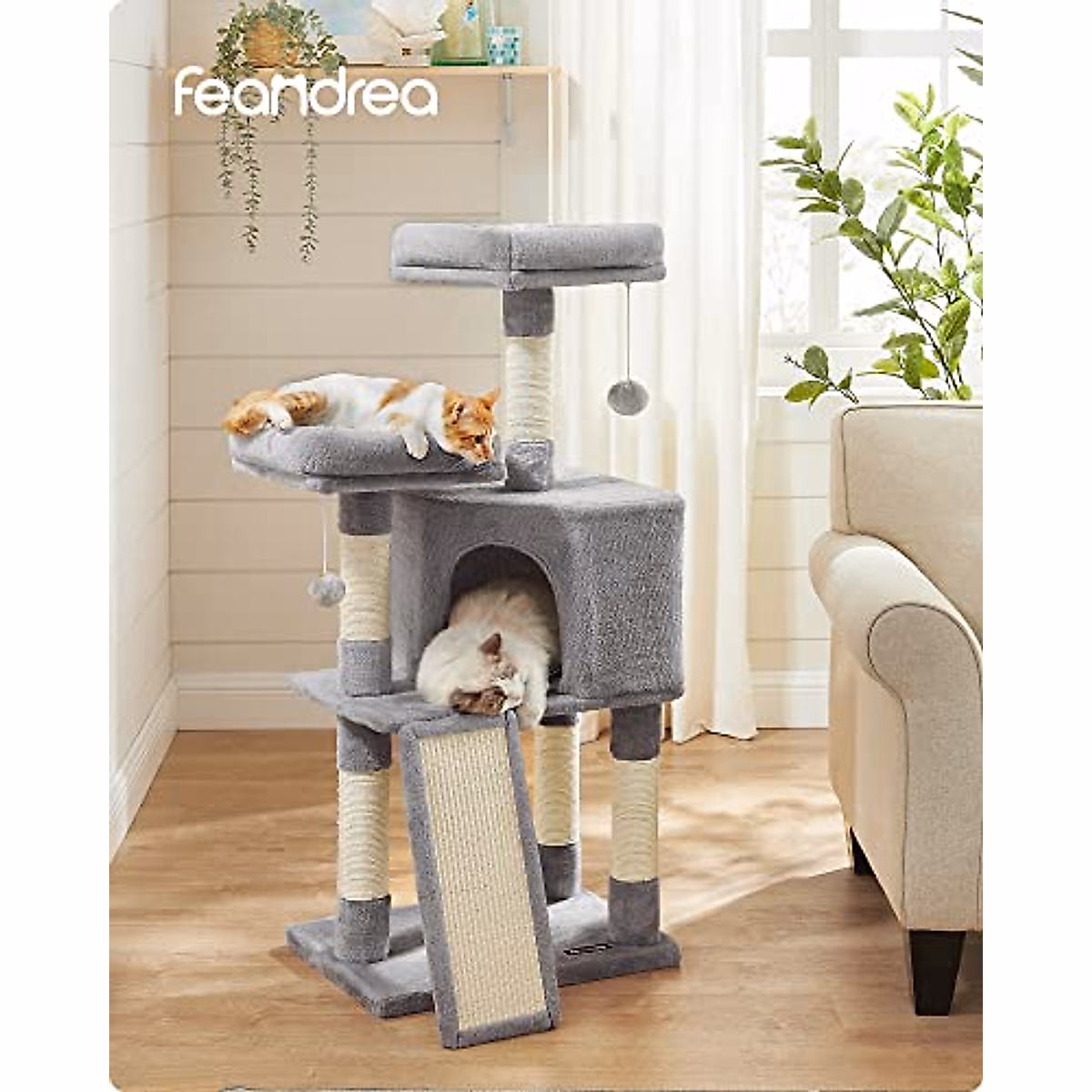Feandrea Cat Tower, Cat Tree for Indoor Cats, 45.3-Inch Cat Condo with Scratching Post, Ramp, Perch, Spacious Cat Cave, for Kittens, Elderly Cats, Adult Cats, Small Space, Light Gray UPCT141W01
