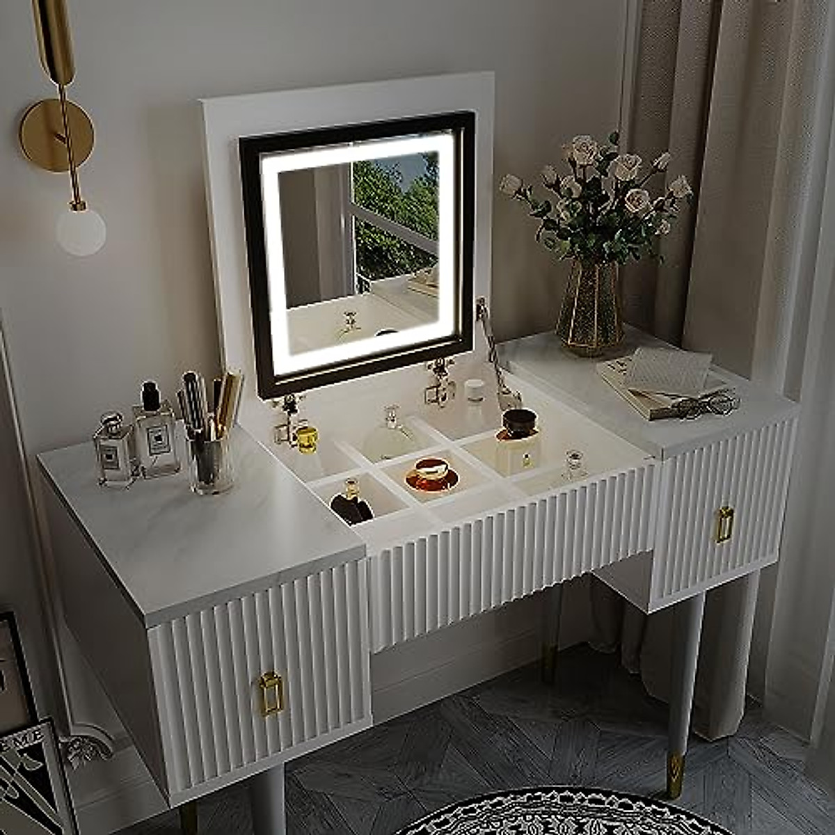 Melpomene Vanity Desk Set with LED Lighted Mirror & LED Light,Makeup Vanity Table Set with 2 Drawers,White and Gray