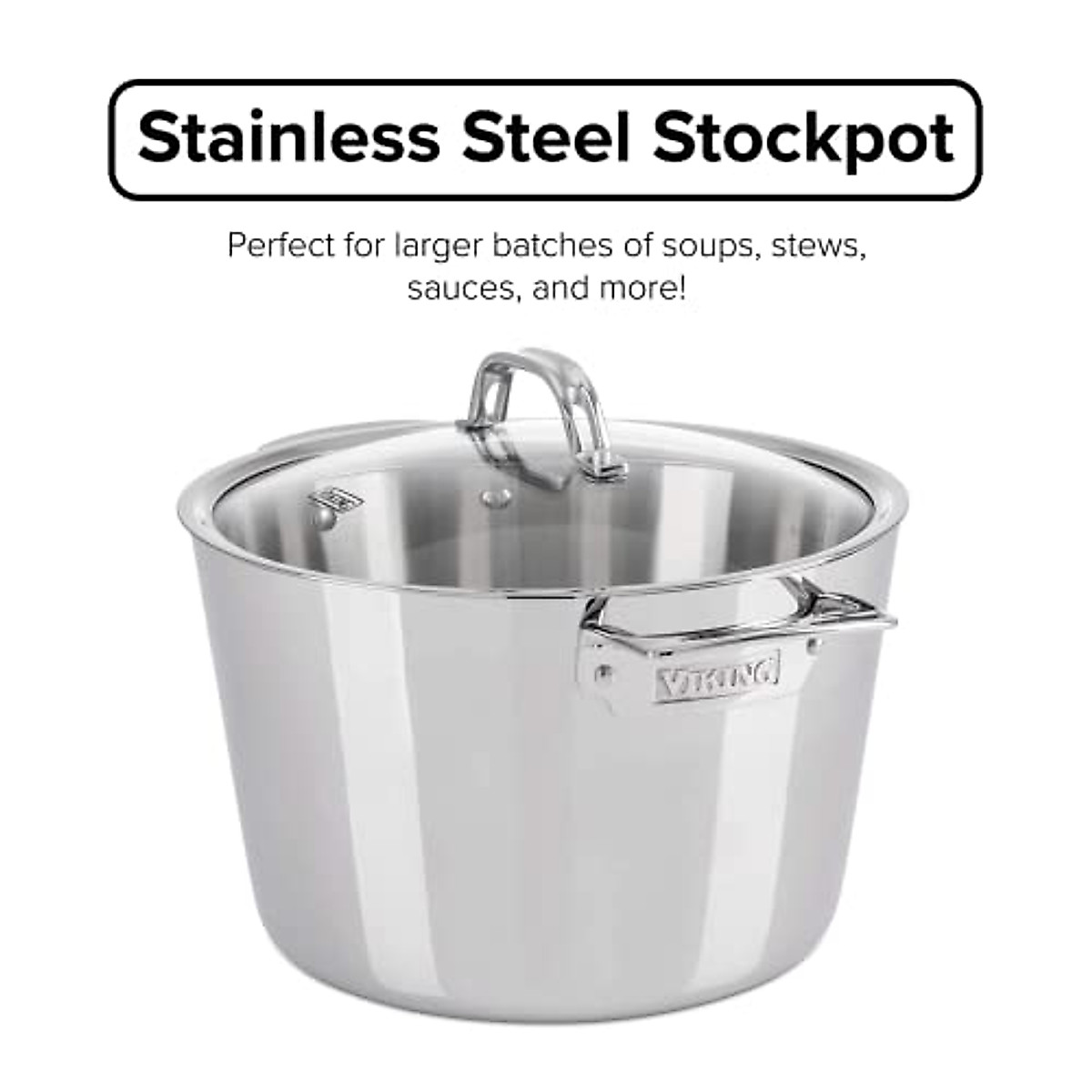 Viking Culinary 3-Ply Stainless Steel Stock Pot, 8 Quart, Includes Glass Lid, Dishwasher, Oven Safe, Works on All Cooktops including Induction