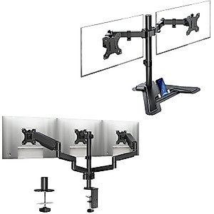 MOUNTUP Triple Monitor Stand Mount& Freestanding Dual Monitor Desk Mount- 3 Monitor Desk Mount for Computer Screens Up to 27 inch, Triple Monitor Arm with Gas Spring, Each Arm Holds Up to 17.6 lbs
