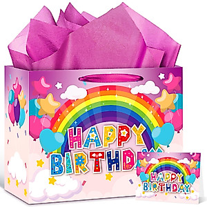 Large Rainbow Birthday Gift Bags Decorations for Girls Kids Happy Colorful Rainbow Birthday Gift Bag with Greeting Card and Tissue Paper Rainbow Birthday Gift Wrapping Bag Birthday Party Supplies