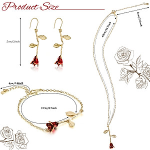 18K Gold Plated Jewelry Set Rose Necklace Bracelet Earrings Personalized Red Rose Flower Necklaces Aesthetic Chain Bracelet Beach Anklets Dangle Hook Earrings for Christmas Gift Girls Teen Women