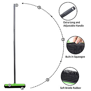 LCF Pet Hair Removal Broom with Squeegee & Telescoping Handle,Non Scratch Bristle Rubber Bruch Carpet Sweeper Outdoor Broom for Hardwood Floor Tile Windows Clean Cleaning (Green)
