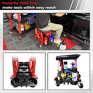 ROBLOCK Durable Mechanic Stool Chair with Wheels, Heavy Duty Garage Shop Stool On Wheels, Rolling Stool Car Detailing Creeper Seat with Tool Tray for Workshop, Auto Repair Shop and Home