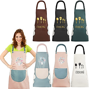 6 Pcs Kitchen Apron for Women with Pockets Cute Aprons with Hand Wipe Waterproof Cooking Aprons Adjustable Soft Apron with Big Pocket for Dishwashing, Cooking Baking