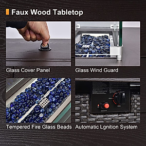 Fire Pit Table 42 Inch Outdoor Propane Gas Fire Pit for Outside 50,000 BTU Auto-Ignition Gas Firepit Outdoor Rattan Table with Glass Wind Guard and Cover