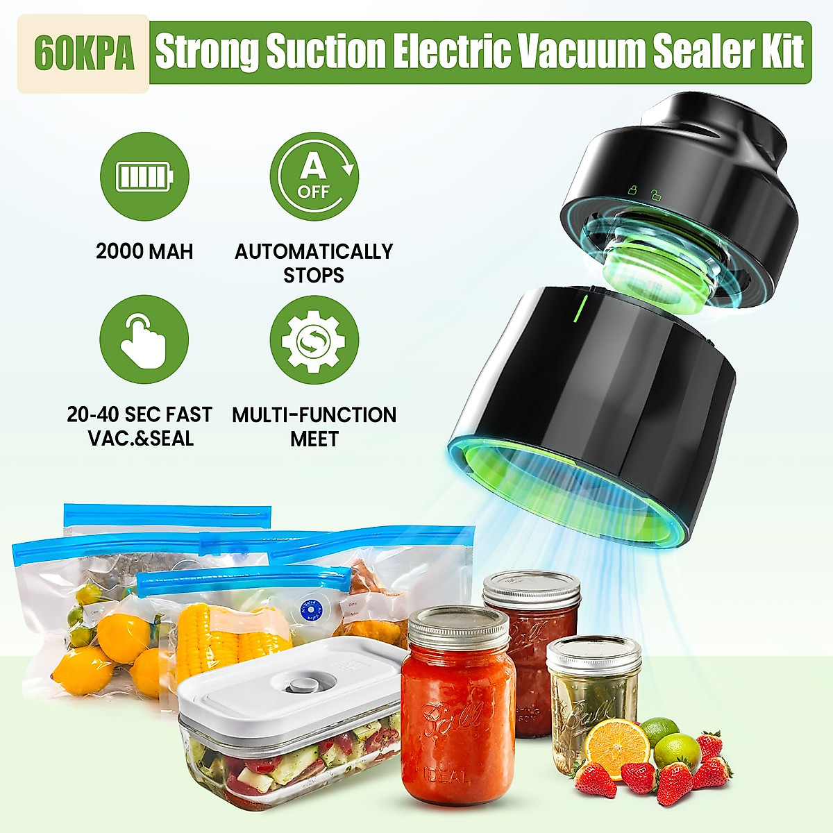 Electric Mason Jar Vacuum Sealer Kit, Jar Vacuum Sealer for Canning Jars - 3 in 1 Vacuum Sealer Compatible with Wide & Regular Mason Jars/Vacuum Bags/Seal Containers for Food Storage (Black)